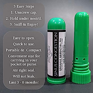 Sinus Relief Aromatherapy Nasal Inhaler - Relieves Severe Congestion, Pressure, Pain, Stuffy Nose - Open Sinuses & Breathe Right - Undiluted Organic Essential Oil Blend Diffuser Sniffer Stick