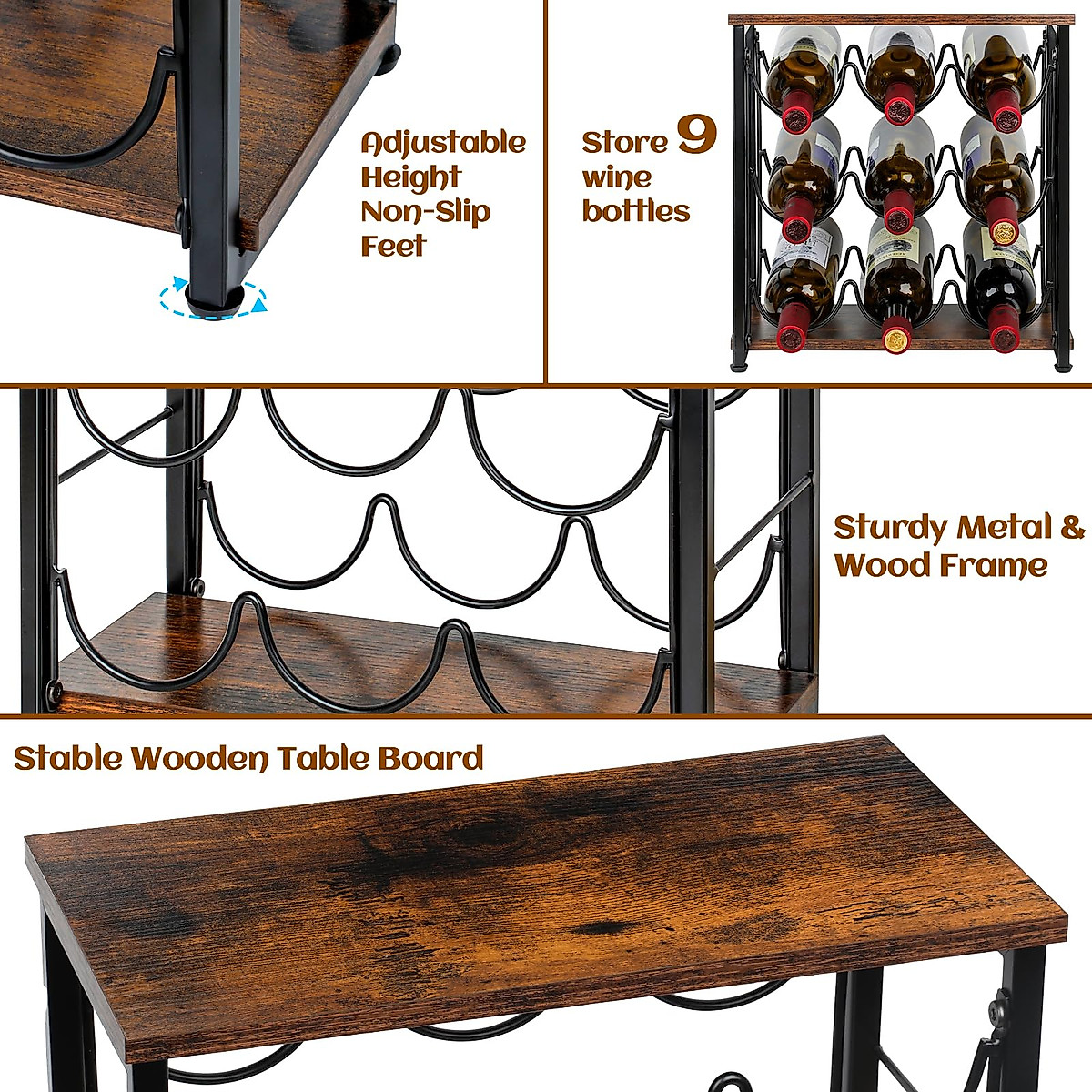 Brightever Wine Rack Countertop, Wood Wine Storage Cabinet Shelf, 3-Tier 9-Bottle Black Tabletop Wine Bottle Holder, Freestanding Wine Bottles Organizer, Wine Rack for Home Kitchen Pantry Bar