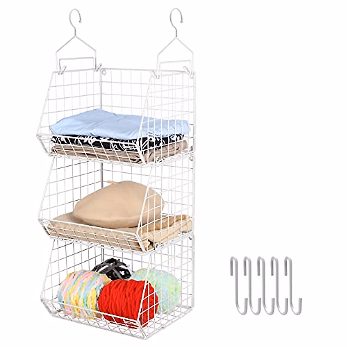 X-cosrack 3 Tier Foldable Closet Organizer, Clothes Shelves with 5 S Hooks, Wall Mount&Cabinet Wire Storage Basket Bins, for Clothing Sweaters Shoes Handbags Clutches Accessories-White Patent Design