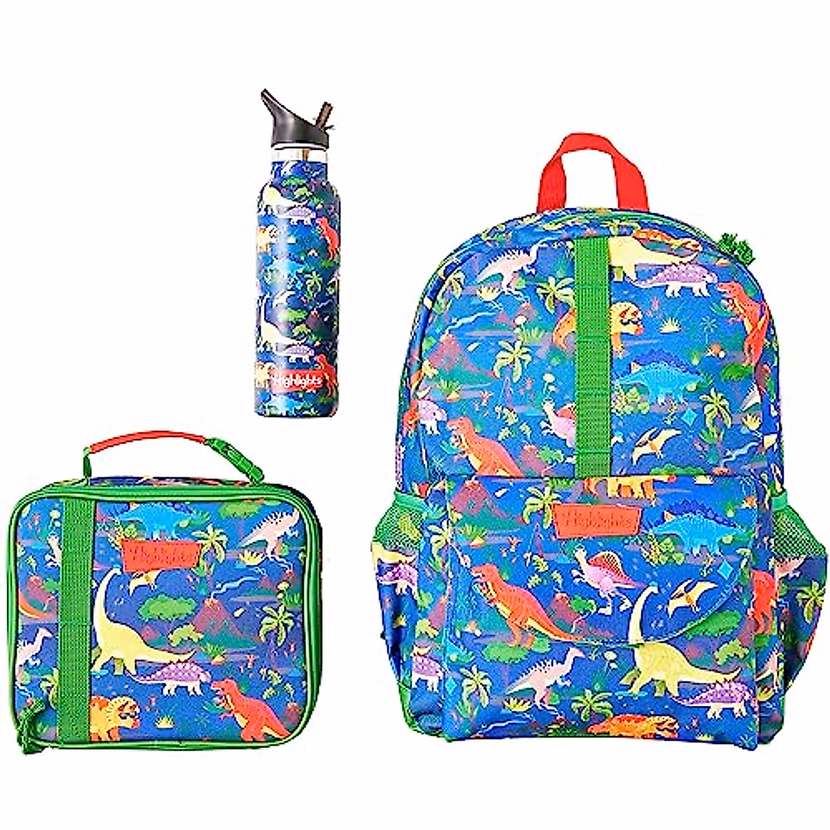 Highlights Dinosaur Glow-in-The-Dark 17" Backpack Set for Kids with 17" Dinosaur Backpack, Insulated Lunch Box, and Leakproof Water Bottle, for Boys and Girls Ages 3+