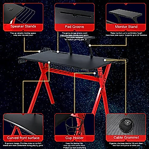 OKL 42” Gaming Desk- Home Office Computer Table, Black Carbon Fiber Gamer Workstation with Monitor Support，Headphone Hook，Pad Groove，Cable Management Holes，Storage Basket for PS4 Xbox (Red)