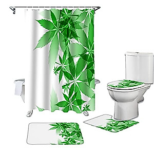 Marijuana Leaves 4 PCS Shower Curtain Sets, Waterproof Shower Curtains with Plastic Hooks, Anti-Skid Rugs, Toilet Lid Cover and Soft Bath Mat, for Bathroom Decor Set Simple Green Gradient Texture