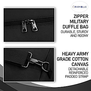 Farm Blue GI Style BLK Zipper Duffel Bag - 30"x 50" XX Large Heavy Duty Army Duffel Bags - Military Grade 18 OZ Canvas- Reinforced Camping Gear-Army Strong Zippers & 3 Grab Handles (Black, XX-Large)