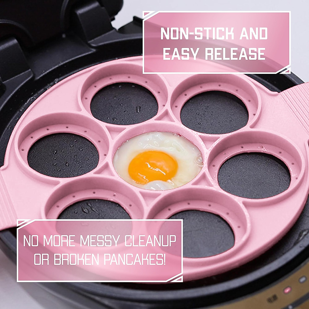 BIOPRONEXT Silicone Non Stick Pancake Maker - 7 Circles Mini Pancake Mold - Silicone Pancake Mold - Silicone Egg Rings for Griddle with Handles - Pancake Molds for Griddle Frying Eggs - Pink