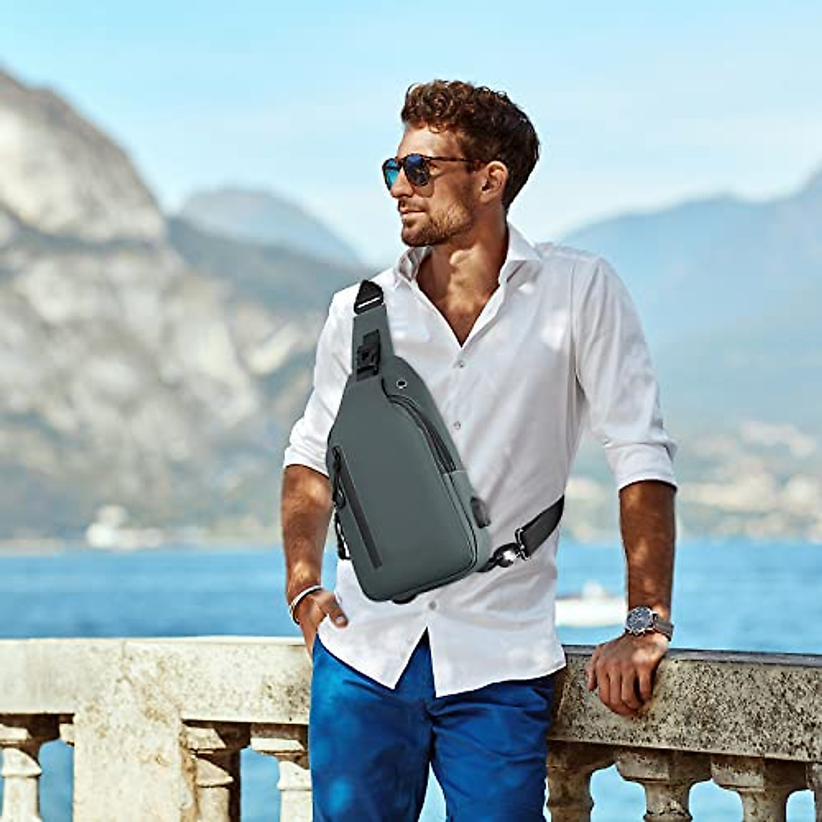 chinatera Crossbody Sling Backpack for Men Leather Chest Shoulder Bag with USB Port and Headphone Hole for Travel Hiking (Green)