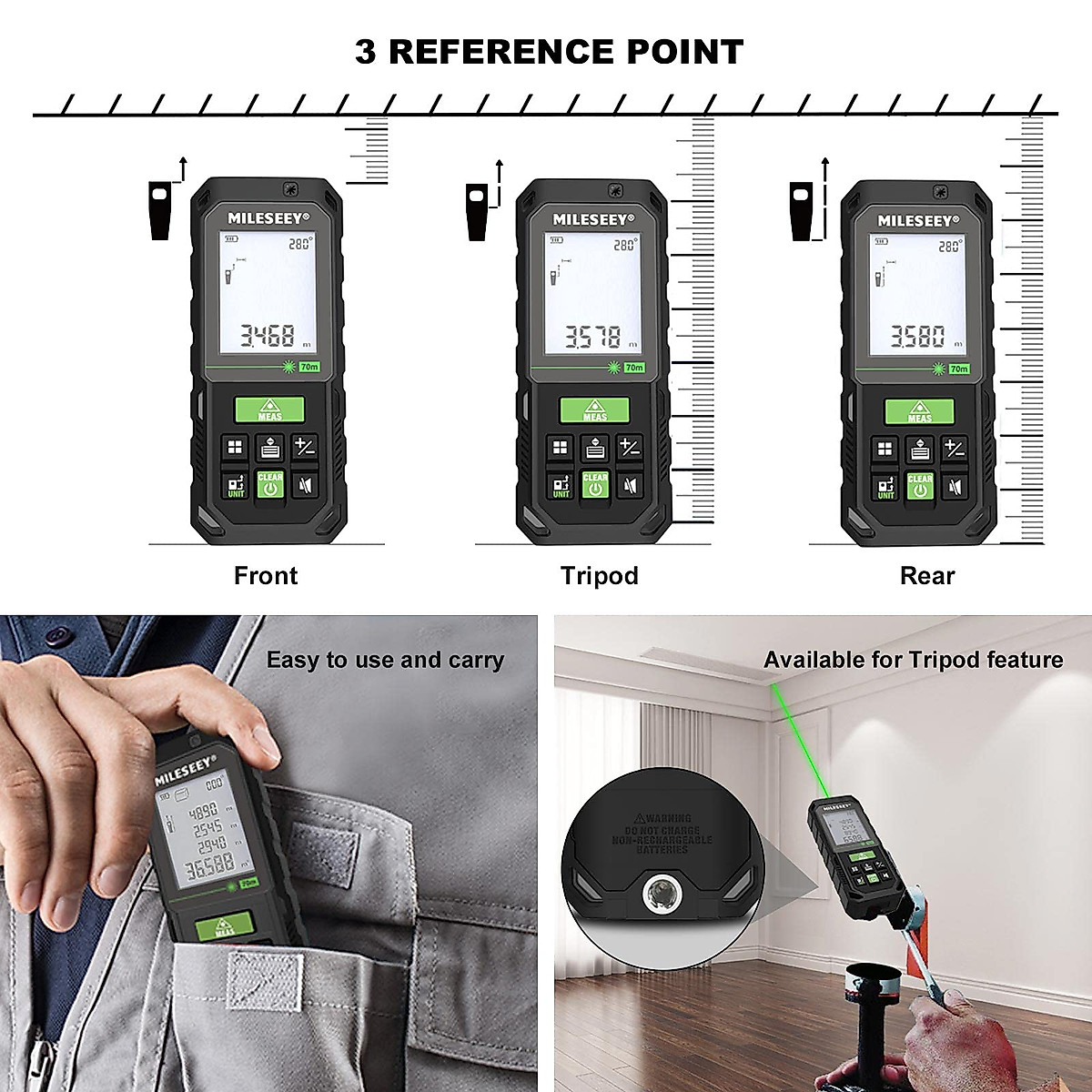 Mileseey S8GA Laser Measure Green Beam 230 ft, Laser Tape Measure with Angle Sensor IP65, Pythagorean, Distance, Area, Volume Measuring, ±1/16in Accuracy, Laser Measurement Tool