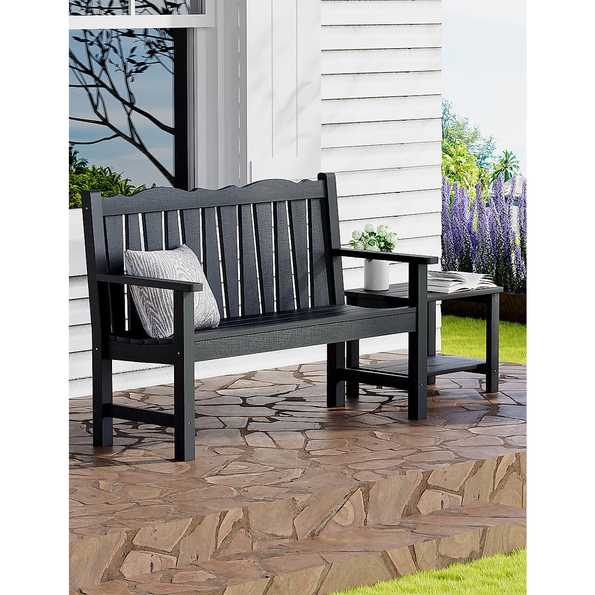 LAHAAP Outdoor Rocking Chairs Set, Weatherproof HIPS Outdoor Furniture, Include 2 Patio Rocking Chairs + Outdoor Bench, Suit for Garden, Porch, Lawn & Backyard(Black)