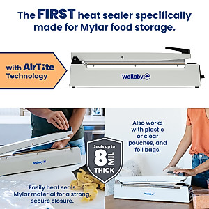 Wallaby Impulse Sealer - 16 inch - Manual Heat Sealer Machine for Mylar Bags - Heavy Duty for Strong, Secure Sealing for Long Term Food Storage - Two Fuse & Strip Replacement Kits Included (White)