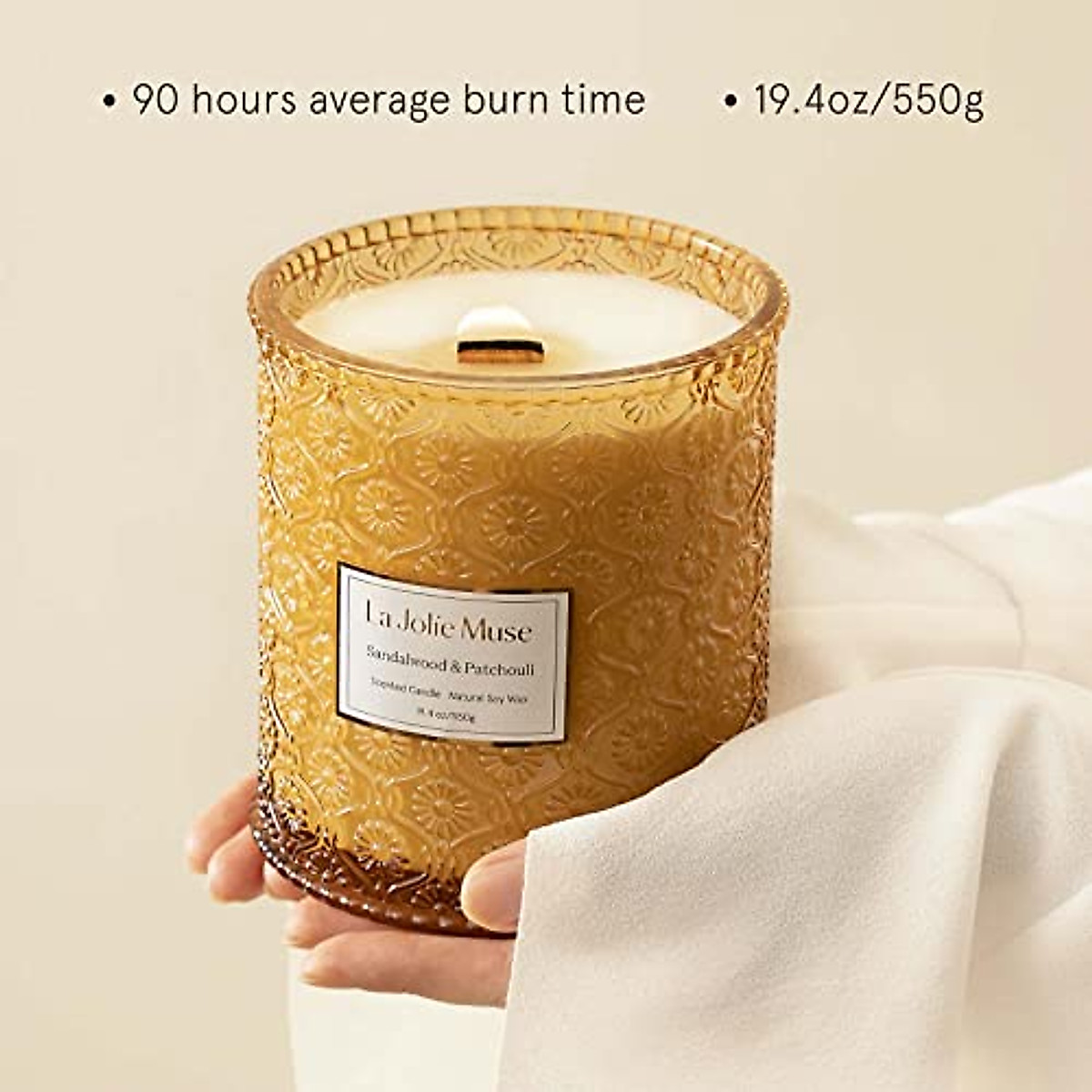 LA JOLIE MUSE Sandalwood Candles, Wood Wick Candle, Sandalwood & Patchouli Candle, Natural Soy Candle, Large Candle for Home Scented, Gift Candle for Women & Men
