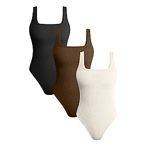 OQQ Women's 3 Piece Yoga Ribbed One Sleeveless Tummy Control Top BodySuit, Black Coffee Beige, Medium