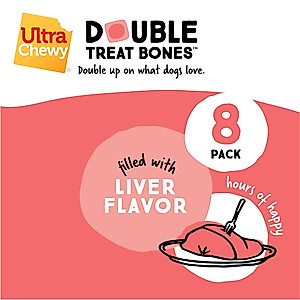 Ultra Chewy Liver, Double Treat Bones: Long-Lasting Dog Treats Made in USA for Large and Small Breeds, Highly Digestible, Ideal for Aggressive Chewers (24 Individually Packed Bones)