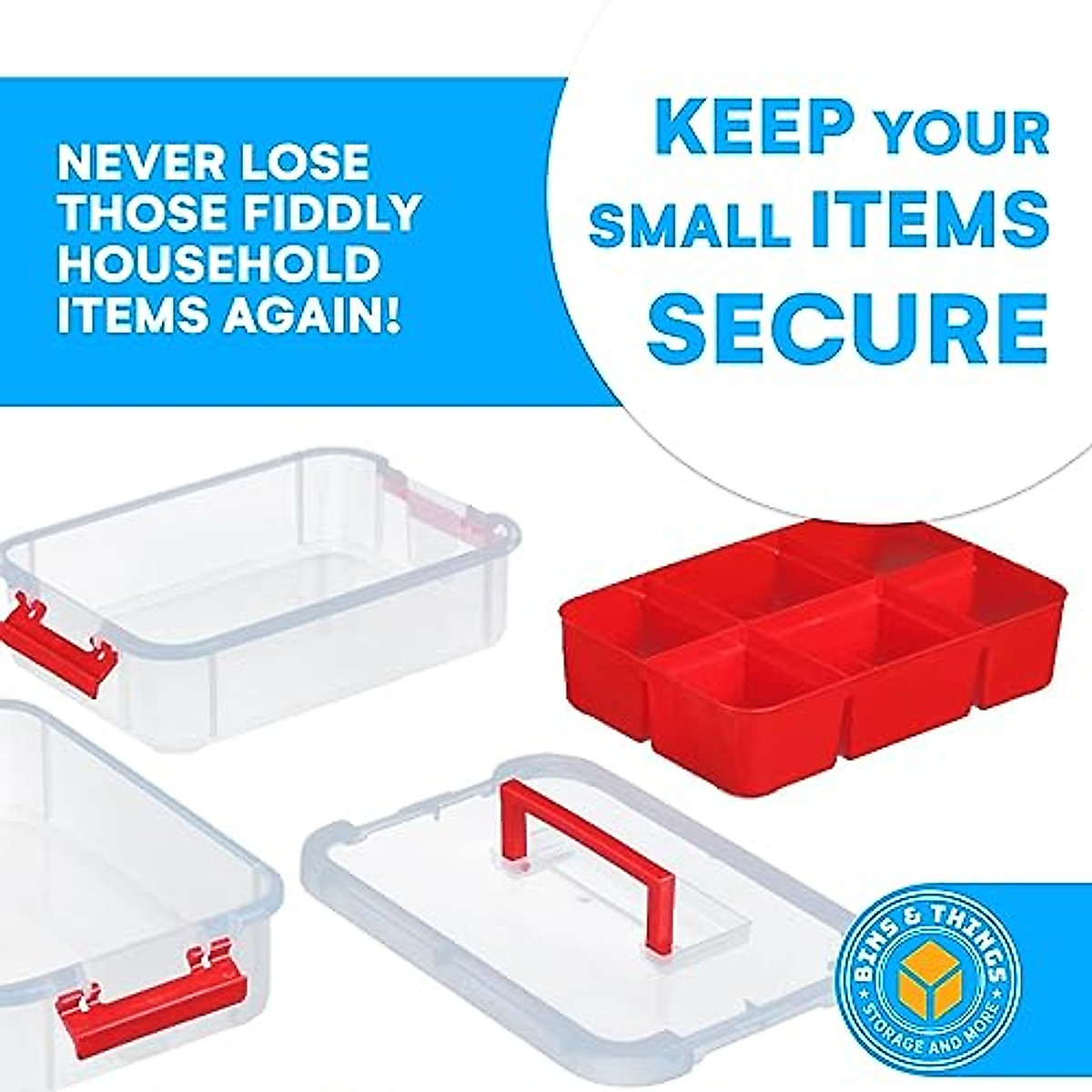 Bins & Things 2 Trays Stackable Storage Organizers Container with Compartments - Arts and Crafts Supply Box - Bead Plastic Organizer - Embroidery Thread Organizing Box - Multi-Divided Holder, Red