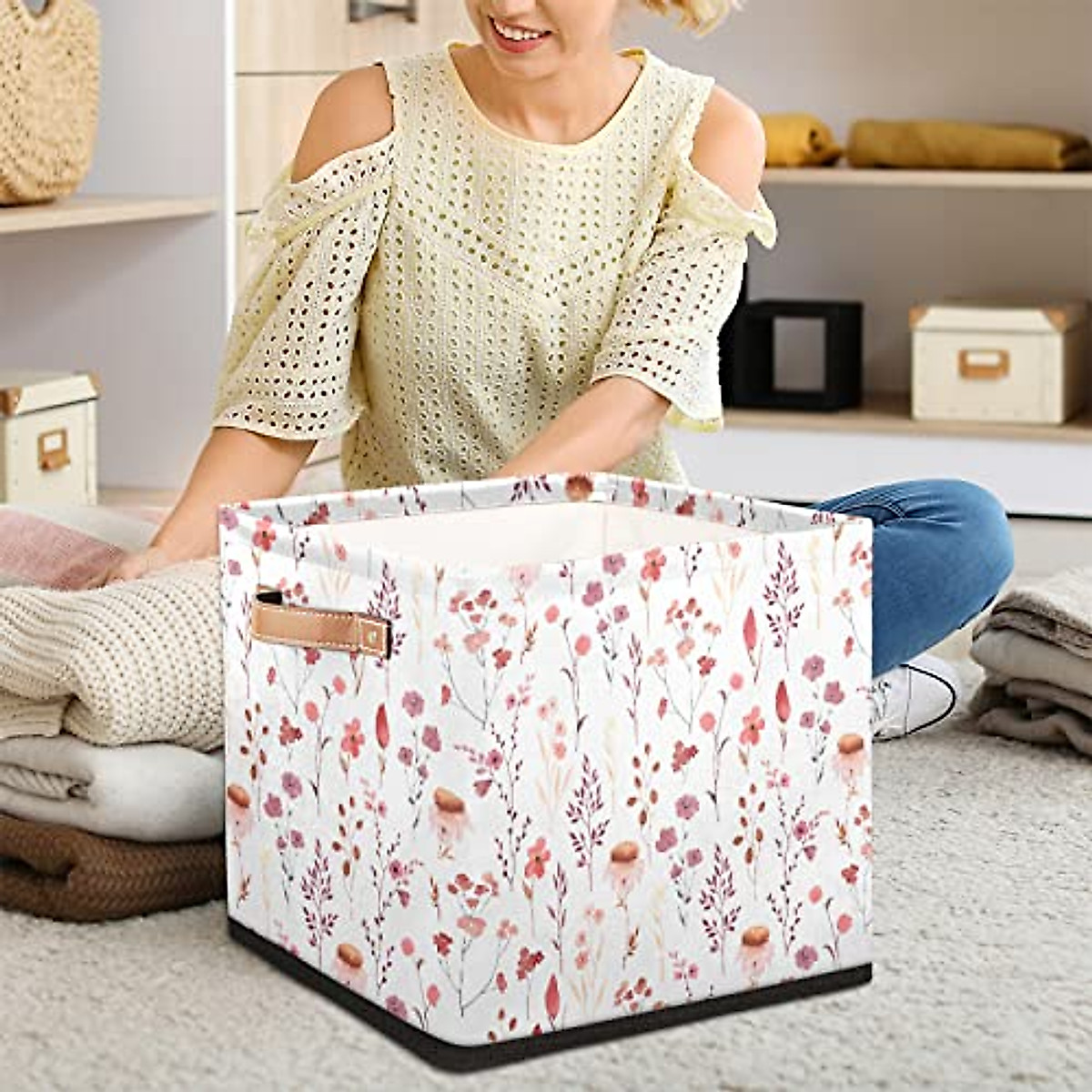 Wildflowers Watercolor Floral Print Storage Basket Bins for Organizing Pantry/Shelves/Office/Girls Room, Spring Flower Storage Cube Box with Handles Collapsible Toys Organizer 13x13