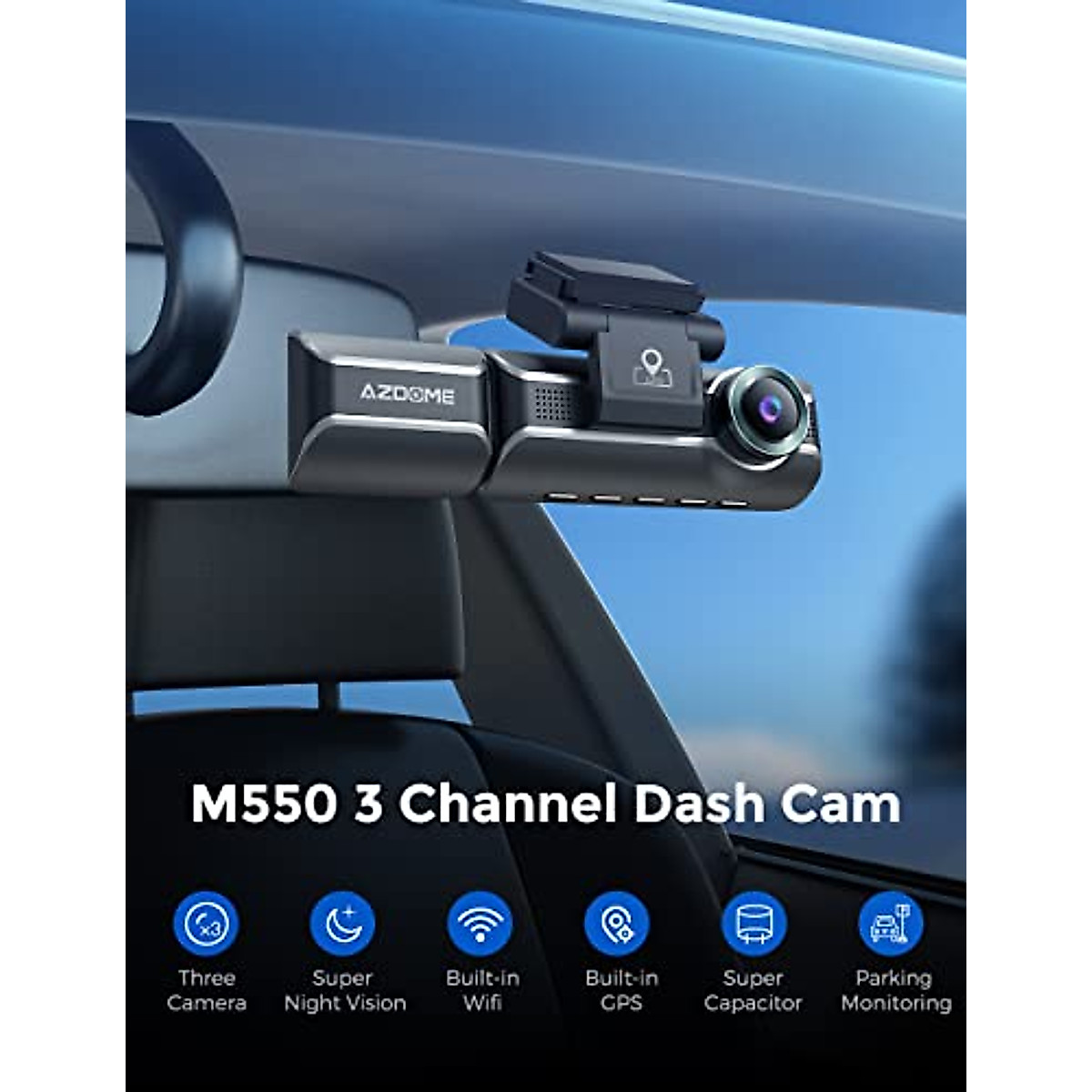 AZDOME M550 Dash Cam 3 Channel, Built in WiFi GPS, With 64GB Card, Front Inside Rear 1440P+1080P+1080P Car Dashboard Camera Recorder, 4K+1080P Dual, 3.19" IPS, IR Night Vision, Capacitor, Parking Mode