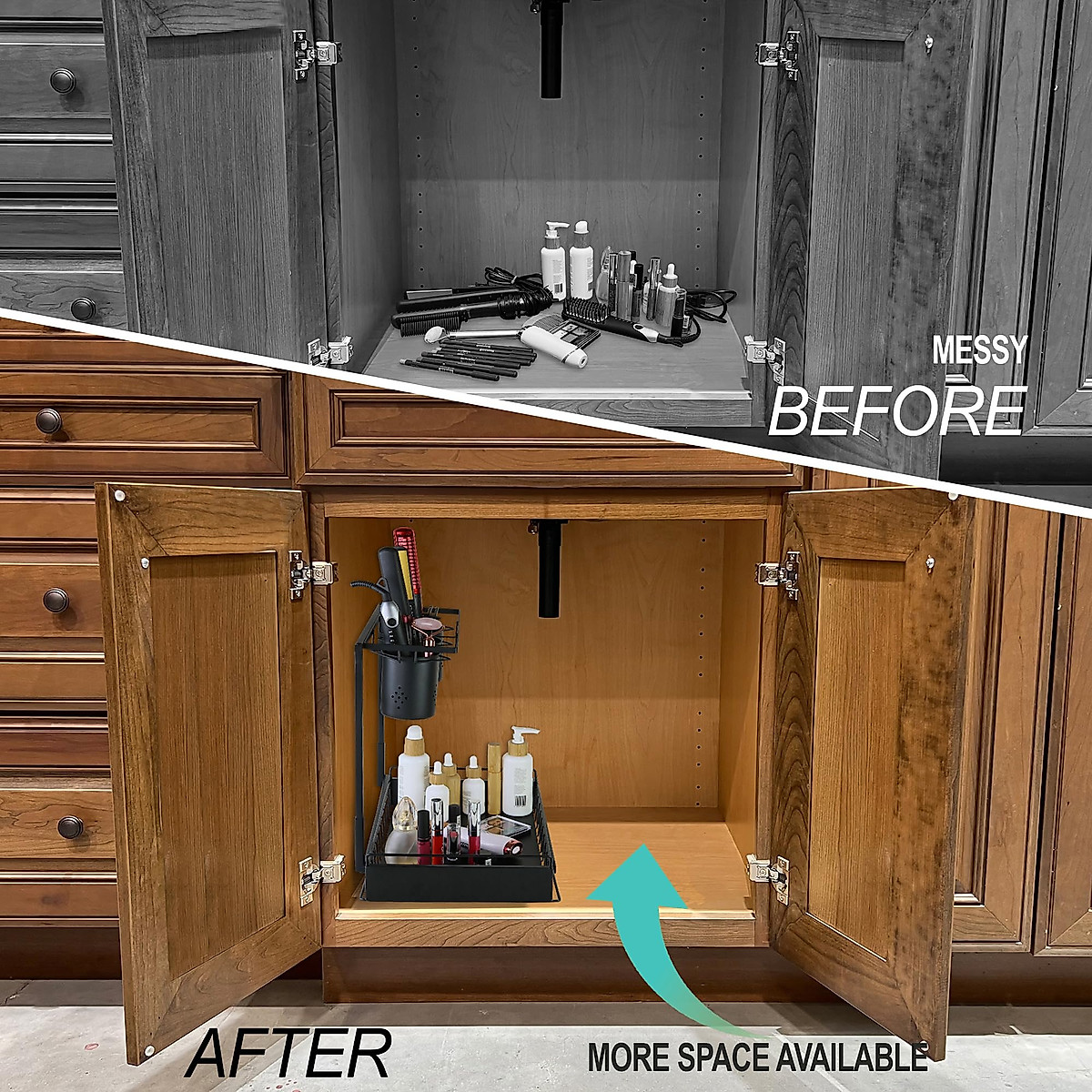 Kamsea Hair Tool Organizer For Bathroom Under Sink for Hair Dryer, Flat Irons, Curling Wands, Hair Straighteners – 2-in-1 Cosmetic Storage with Pull-Out Tray [2 Mats]