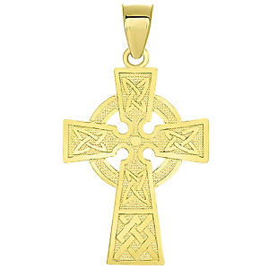 Jewelry America Solid 14k Yellow Gold Trinity Knot Celtic Cross Pendant with Cuban Chain Necklace, 24"