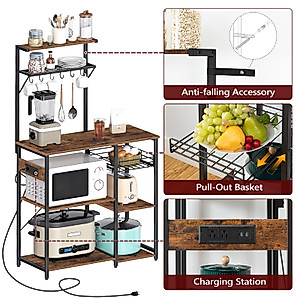 MAHANCRIS Bakers Rack with Power Outlet, Microwave Stand, Industrial Coffee Bar with Wire Basket, Kitchen Storage Rack with 6 S-Shaped Hooks, for Spices, Pots and Pans, Rustic Brown BRHR90E01Z