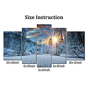 Modern Canvas Painting Wall Art Snowfield Winter Snow Forest Tree Sunrise sunset Landscape Mountain & Tree Print on Canvas Artwork Wall Decor (B)