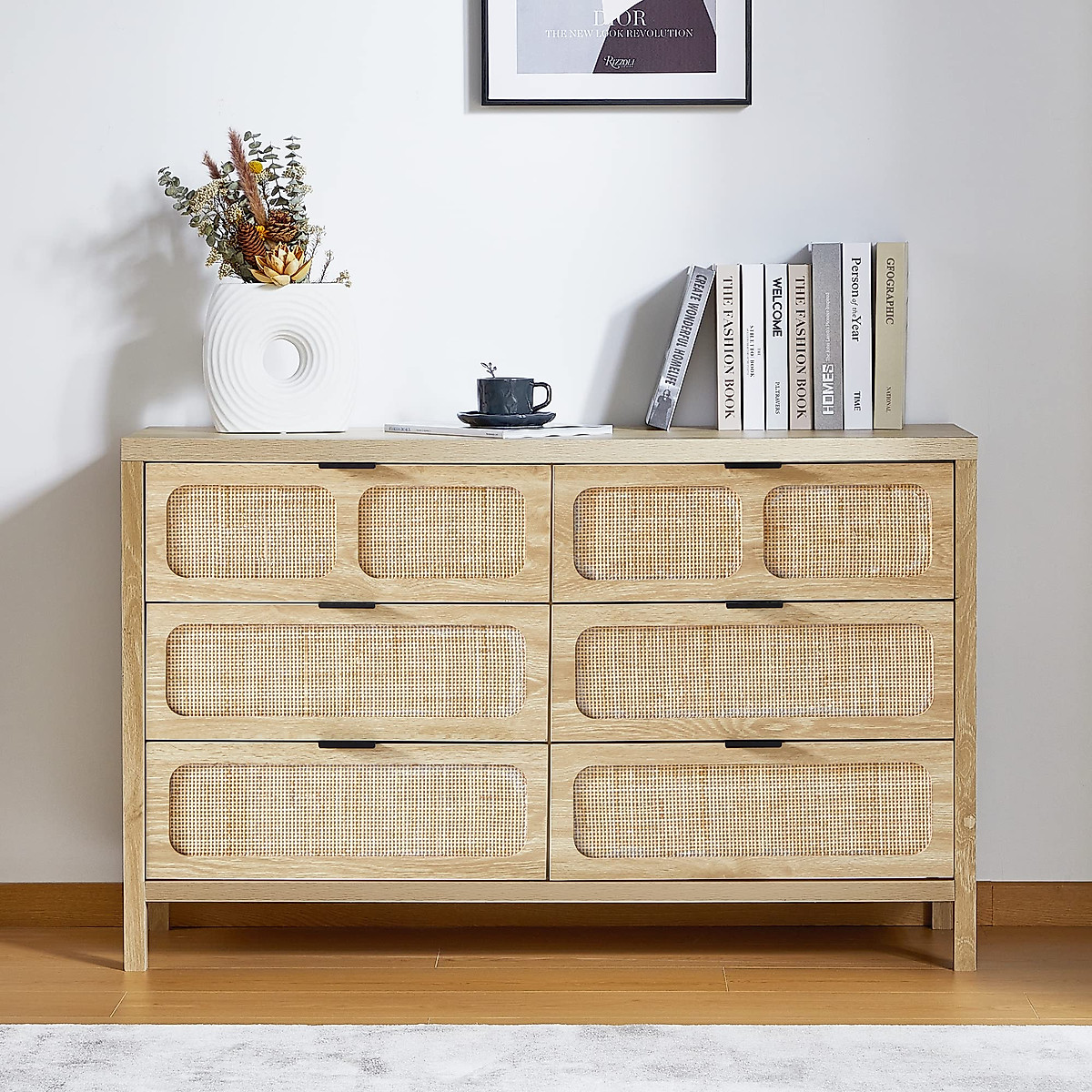 QEIUZON 6 Drawer Dresser, Modern Rattan Dresser Chest with Wide Drawers and Metal Handles, Farmhouse Wood Storage Chest of Drawers for Bedroom, Living Room, Hallway, Entryway (Natural-6 Drawers)