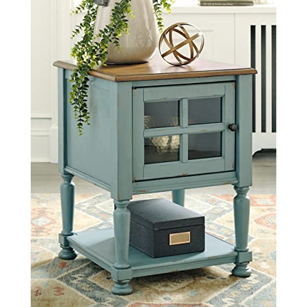 Signature Design by Ashley Mirimyn Farmhouse Accent Cabinet End Table, Teal & Brown