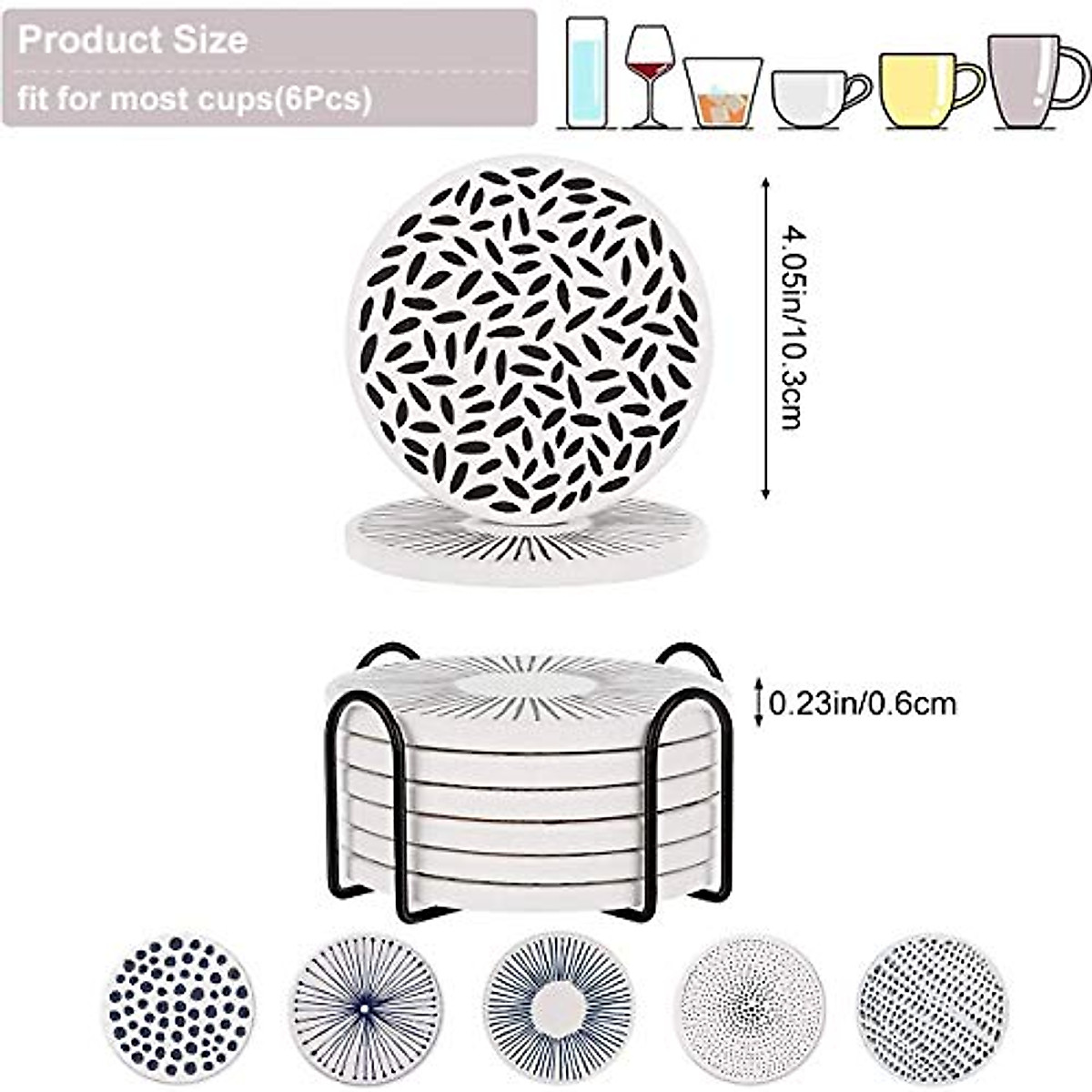 YumSur Drink Coasters Set of 6 with Holder Absorbent Ceramic Stone Coasters with Cork Bottom Heat and Scratch Resistance Decorative Drink Mats Coasters Cup Coasters