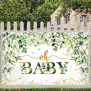 Avezano Greenery Boy Baby Shower Decorations Banner Floral Green Sage Oh Baby Backdrop Gold Glitter Greenery Leaves Gender Neutral Baby Shower Decorations 70.8 x 43.3 Inch