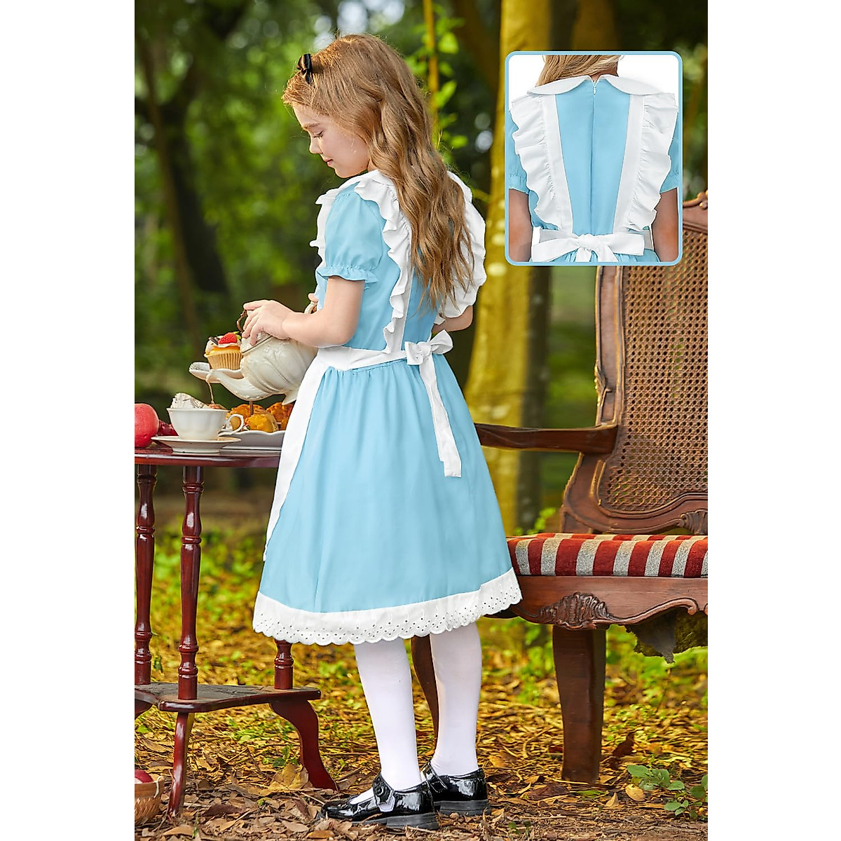 Halloween Child Girls Alice Outfit Puff Sleeve Casual Ruffle Trim Midi Dresses with Headband Blue 10 Years
