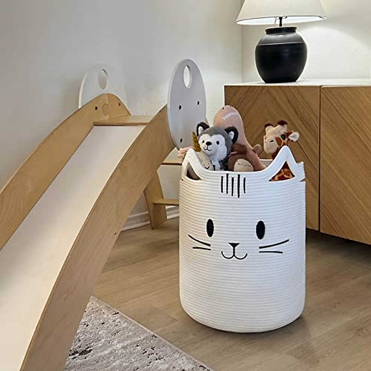 INDRESSME Cute Baby Laundry Basket, Tall Nursery Hamper for Clothes, Towels, Blankets, Kids Toy Storage Basket for Living Room, Bedroom, Cat Basket for Playroom, 16 x 20 inches, White