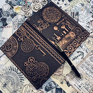 Vintage Train Embossed Leather Writing Journal Notebook with Pen Set,Antique Handmade Daily Notepad Sketchbook,Travel Diary Notebooks to Write in,Gift for Men Women (A5(8.4"*5.7"), RedBronze)