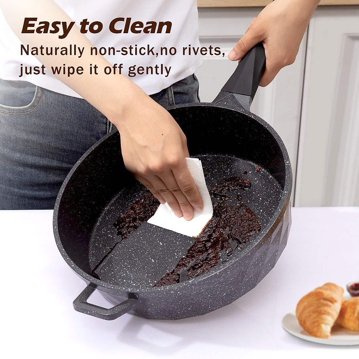 Toutrop Nonstick Deep Saute Pan with Lid 5 Quarts, 12 Inch Large Frying Pan, Granite Stone Non Stick Cooking Pan, Compatible with All Stovetops, PFOA Free