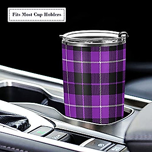 20oz Tumbler Bottle with Lid and Straw Purple Black Tartan Plaid Insulated Coffee Ice Cup Vacuum Stainless Steel Shaker Bottle Travel Mug Water Cup Gifts