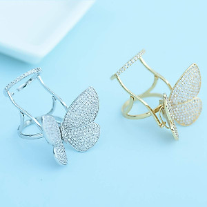 TEMICO Moving and Flying Butterfly CZ Paved Platinum Plated Fashion Party Cocktail Ring Wide Band for Women