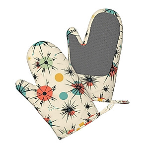 Atomic Stars Retro Pattern Printed Oven Mitts Heat Resistant Oven Gloves Non-Slip Silicone Kitchen Gloves for Cooking Baking BBQ Gloves 1 Pair