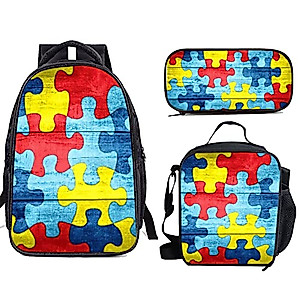 Colorful Autism Awareness Puzzle Backpack 3 Piece Set School Bag Bookbag with Lunch Box And Pencil Case Set for Boys Girls