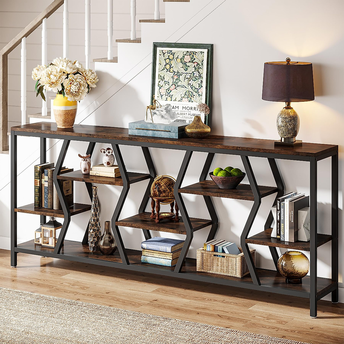 Tribesigns 70.9 Inches Sofa Console Table with 4 Tier Wood Storage Shelves, Industrial Extra Long Narrow Entryway Accent Tables for Hallway, Living Room, Foyer (Rustic Brown)