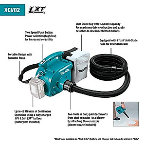 Makita XCV02Z 18V LXT® Lithium-Ion Cordless 3/4 Gallon Portable Dry Dust Extractor/Blower, Tool Only
