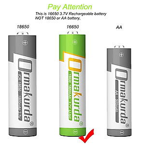 Ormakurda 16650 Rechargeable Battery, 16650 Battery 1800mAh 3.7V Li-ion Rechargeable Batteries with Button Top for Flashlights Torches (2Pack)