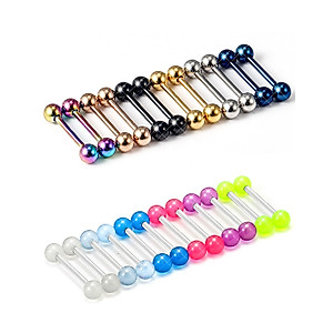 Prjndjw 14G Surgical Steel Tongue Rings Glow in the Dark Tongue Nipple Rings Steel Ball Body Piercing Jewelry for Women Men 24Pcs 16MM