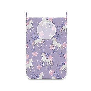 Oyihfvs White Unicorns Pink Flowers Stars On Purple Floral 1PC Hanging Laundry Hamper Bag, Dirty Clothes Bag Over The Door, Wall Cloth Basket with Hooks Storage College Closet for Bathroom Bedroom