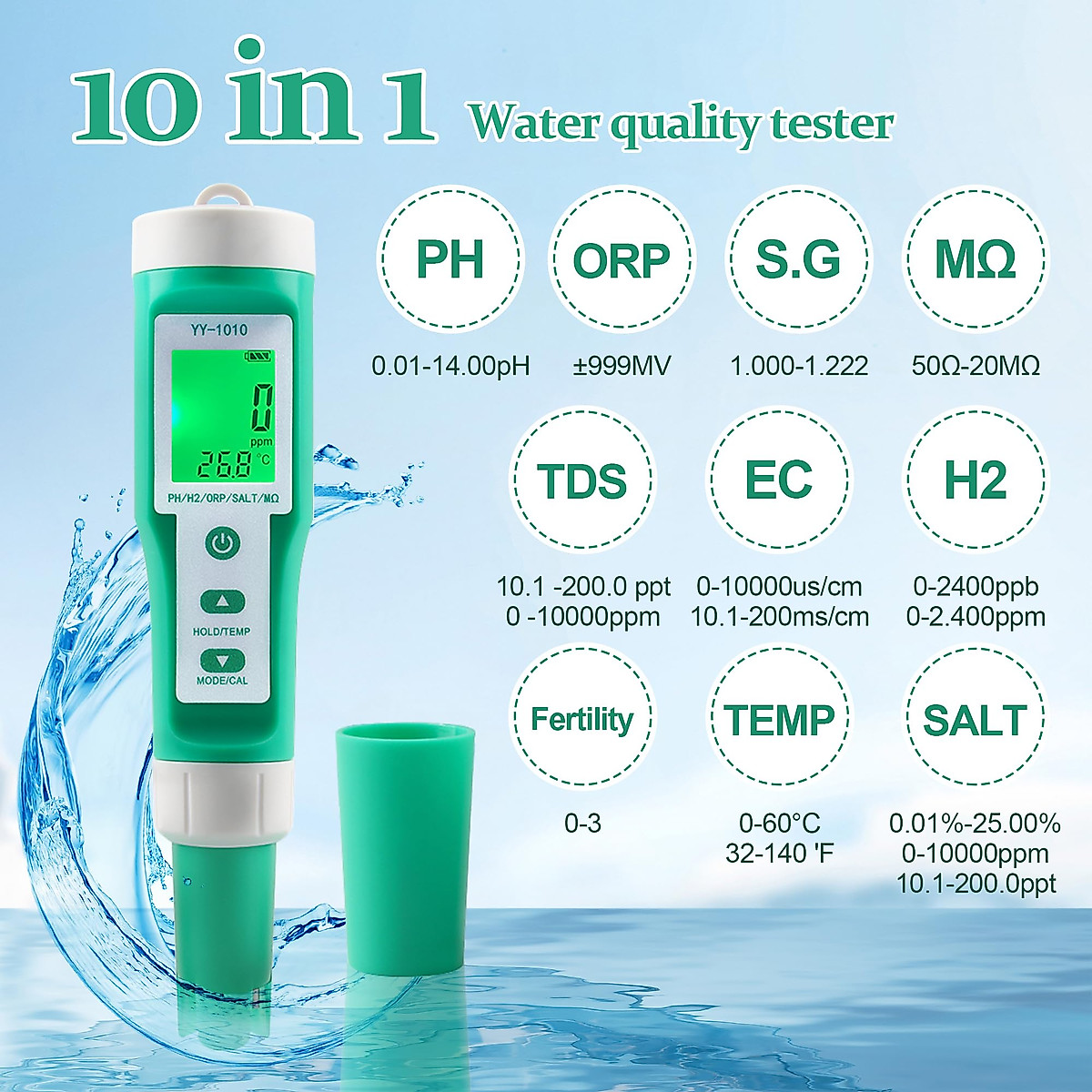 Hydrogen Water Tester 10 in 1 Resistivity/Fertility/H2/pH/TDS/EC/ORP/S.G/Salt/Temp Meter with ATC pH Meter,0.01 High Accuracy pH Tester Digital,TDS Meter PPM Meter for Drinking,Hydroponics,Pool.