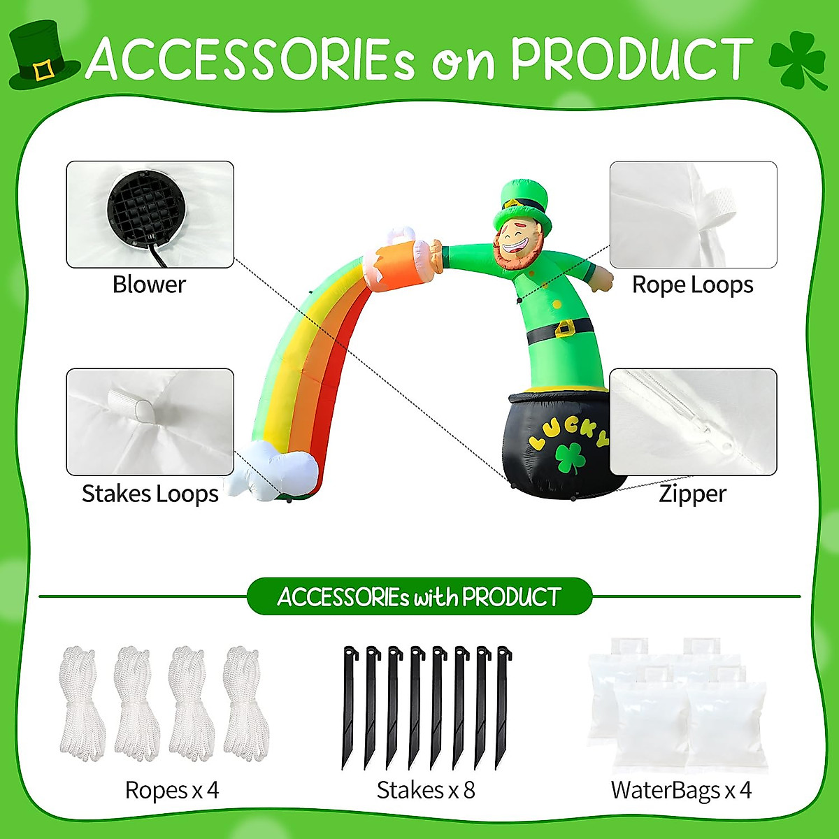 DomKom St Patricks Day Inflatable Decorations,7ft Giant Leprechaun Rainbow Arch with Gold Coin Pot,Built-in Bright LED Lights,in/Outdoor Lucky Day Holiday Lawn,Yard,Garden,Patio Décor