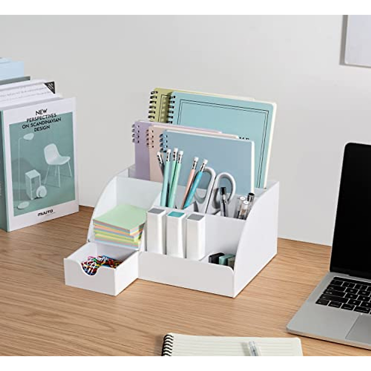 Office Desk Organizer, White Acrylic, with Drawer, 9 Compartments, All in One Office Supplies and Cool Desk Accessories Organizer, Pen Holder, Enhance Your Office Decor Desktop Organizer (White)