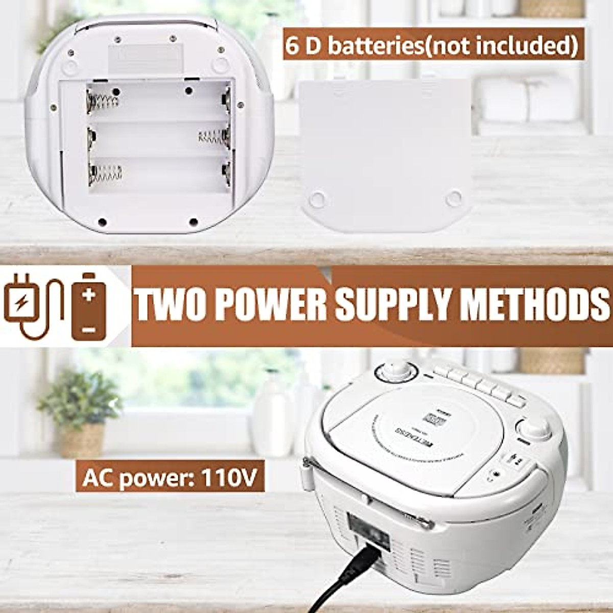 Retekess TR621 CD and Cassette Player Combo, Portable Boombox AM FM Radio, MP3 Player Stereo Sound with Remote Control, USB, TF Port, for Family(White)