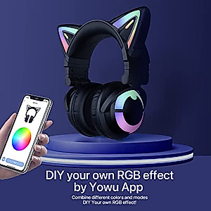 YOWU RGB Cat Ear Headphone 3S Wireless Bluetooth 5.0 Foldable Gaming Headset with Built-in Mic & Customizable Lighting and Effect via APP, Type-C Charging Audio Cable, for PC Laptop Mac Smartphone