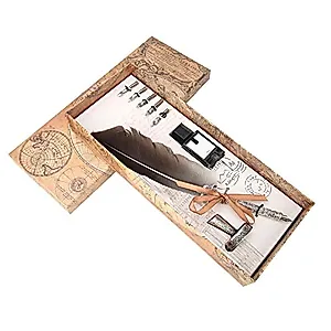 GLOGLOW Feather Pen, Vintage Handmade Quill Feather Dip Pen Set with 5 Extra Nibs Empty Ink Bottle Retro Calligraphy Writing Pen Stationery Gift with Packing Box(#2)