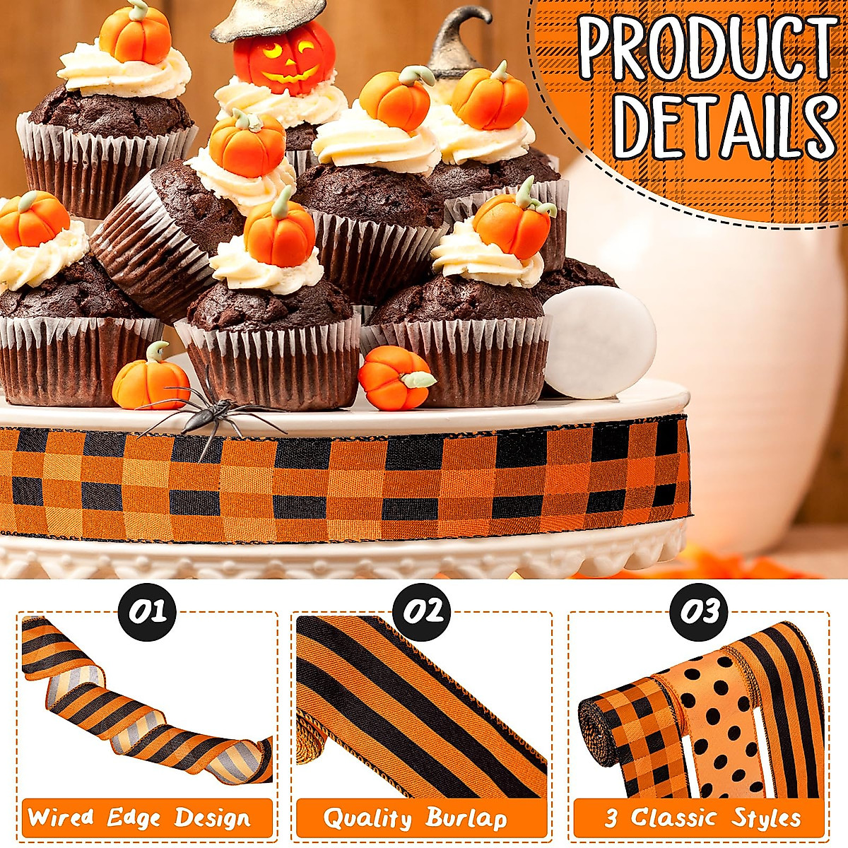 Wiaxin 3 Rolls Orange and Black Wired Ribbon Thanksgiving Buffalo Plaid Ribbon Fall Gingham Ribbon Dot Pattern Striped Ribbons for Halloween Christmas DIY Crafts Party Decor, 2.5 Inch x 15 Yards