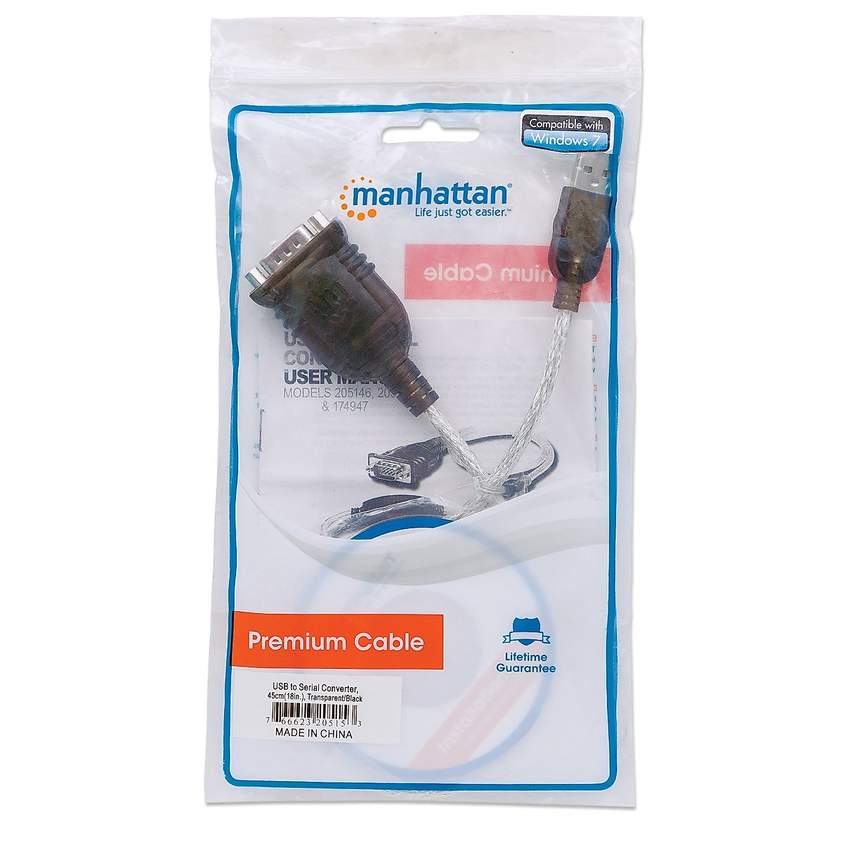 Manhattan USB to RS232 Serial Adapter Converter – Long 18 Inch Cable Cord, 24 AWG - Connects Serial Device to a USB Port, FTDI Chipset, Compatible with Window, Linux, Mac – 3 Year Mfg Warranty–205153