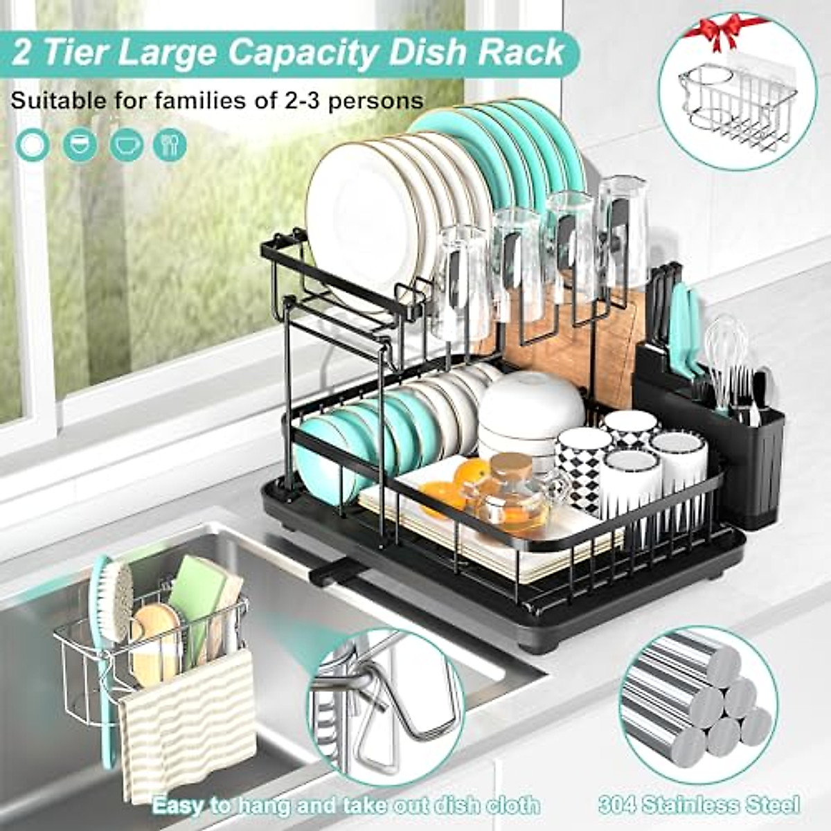 Loftiage Dish Drying Rack with Extra Sponge Holder for Kitchen Counter Sink, 2 Tier Large Dish Drainer Racks, Adjustable Spout Dish Strainer with Drainboard, Utensils, Cutlery Holder, Black