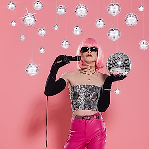 Jspupifip 60 Pcs Mirror Disco Balls Bulk, Reflective Silver Glass Ball Decorations 70s Hanging Ring Halloween Christmas Birthday Themed Party Prom Props Disco Ornaments(1.2/1.97/3.15/5.9 inch)