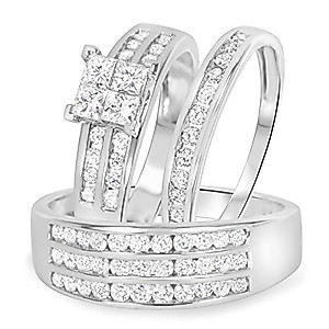 jsjewels 1 2/3 Carat T.W. Diamond Engagement Ring Wedding Trio Set in Solid 14K White Gold Fn